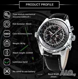 Jaragar Pilot Design автоматичен часовник с 3 подциферблата, дата ...